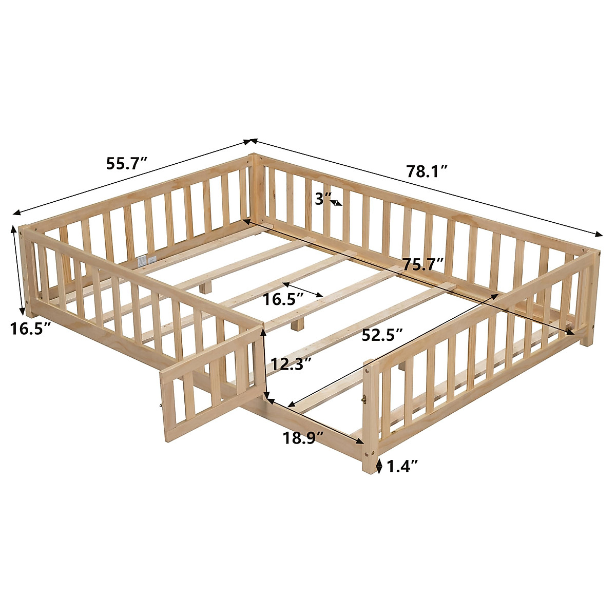 KTVTK Full Size Floor Platform Bed with Door and Fence & Wood Slats, Wooden Montessori Bed-Frame W/Support Slats for Children,Kids,Girls,Boys,Natural
