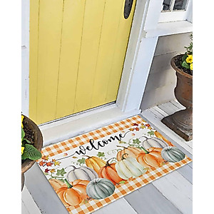 Thanksgiving Front Door Mat Outside Entrance, Harvest Pumpkin Maple Leaf Outdoor Indoor Door Mats for Entryway, Low Profile White and Orange Buffalo Plaid Funny Welcome Mat Entry Doormats 24x36 in