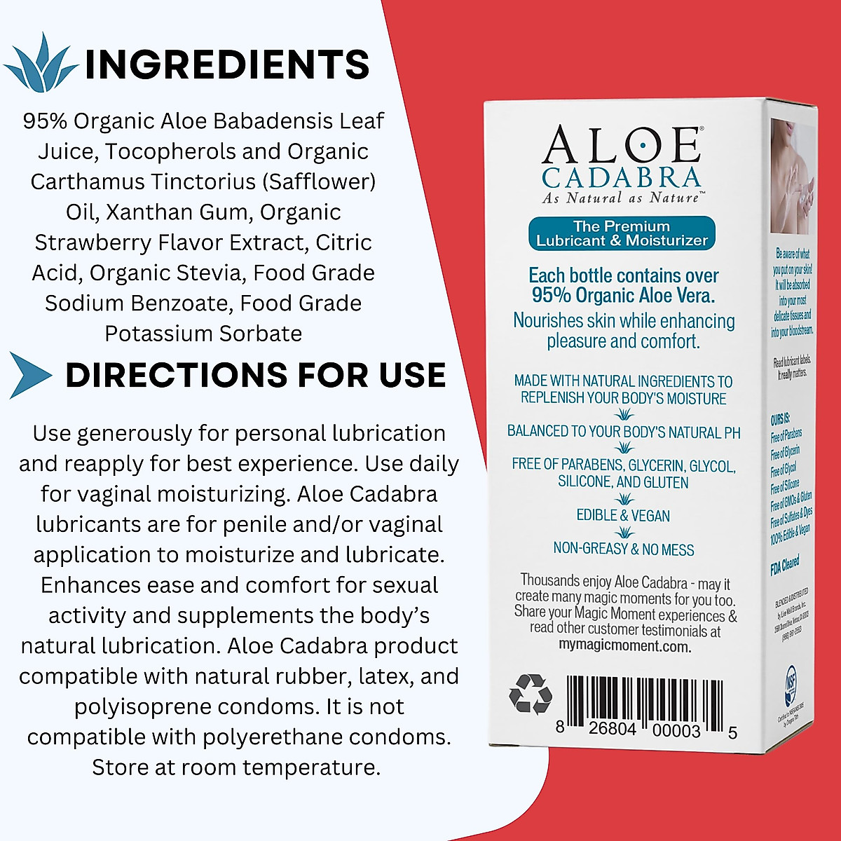 Aloe Cadabra Flavored Personal Lubricant and Vaginal Moisturizer, Organic Edible Aloe Lube for Men, Women and Couples, Non-Staining, pH Balanced, Toy Compatible (Strawberry, 2.5 Ounces, 2 Pack)
