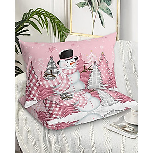 Edwiinsa Blush Pink Snowman Pillow Covers King Standard Set of 2 Bed Pillow, Plush Soft Comfort for Hair/Skin Cooling Pillowcases with Envelop Closure 20x36 Inches Christmas Dot Plaid Tree