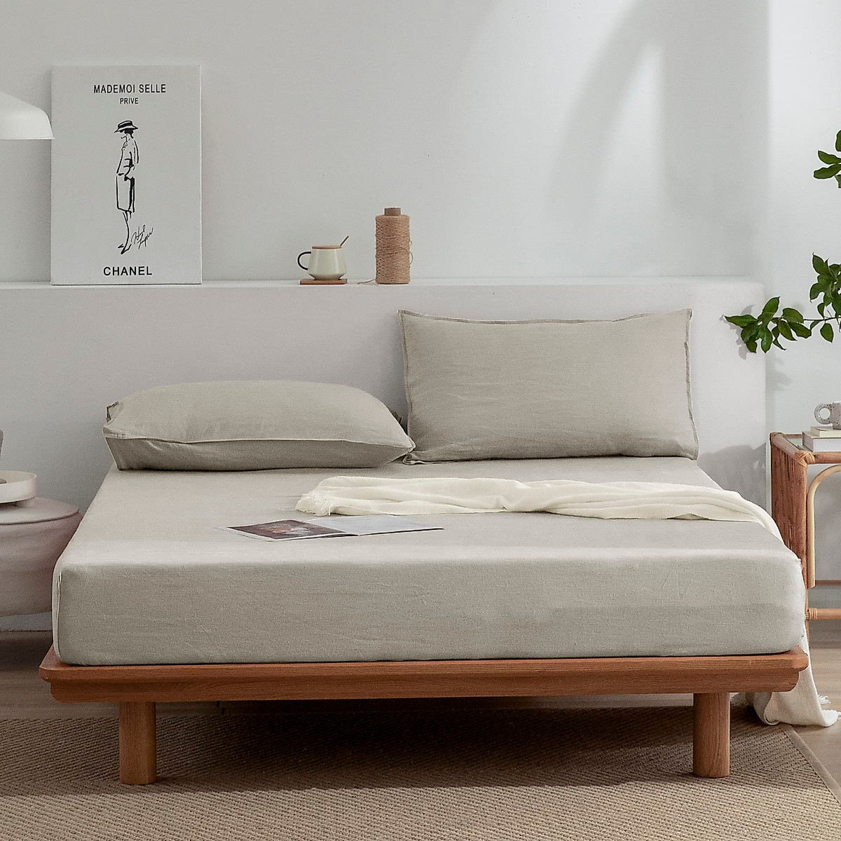 EVERLY Hemp Queen Size Sheets Set, Natural Premium Hemp Sheets, Deep Pocket 4 Piece Bed Sheet Set, Easy-Fit Breathable Cooling Sheets, Wrinkle Fade Resistant Sheet Sets-Beige