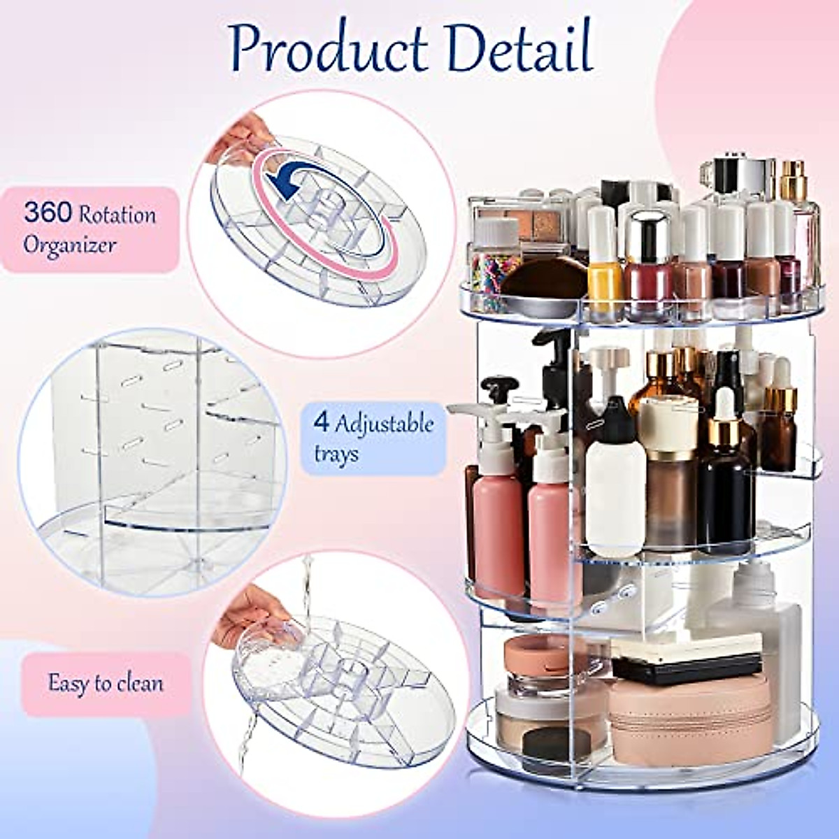 Maitys Set of 2 360° Rotating Makeup Organizer and Cosmetic Display Cases 3 Drawers Stackable Storage Box Adjustable Cosmetic Storage Display Case for Jewelry Accessories Lipsticks, Clear Transparent