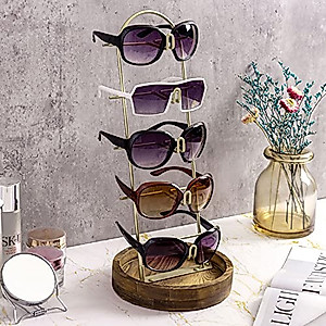 MyGift 5 Tier Modern Sunglasses Display Stand, Brass Metal Eyewear Organizer Rack with Burnt Wood Base Tray