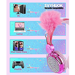 SVYHUOK Pompoms Pink Unicorn Wired Headphones,Cute Cat Ear Kids Game Headset for Girls Teens Tablet Laptop PC,Over Ear Children Headset withMic,for School Birthday Xmas Gifts