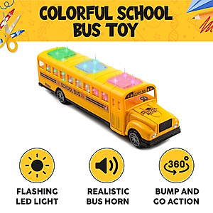 Toysery Yellow School Bus with Flashing LED Lights and Bus Sounds. Bump and Go Action Bus for Boys and Girls 3 Years Old and Above