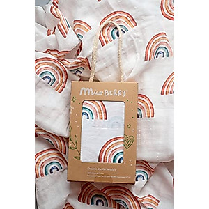 Miaoberry Organic Muslin Baby Swaddle Blanket and Hat Set Newborn Unisex Neutral Boy Girl| Boho Rainbow |Photo Props Birth Announcement Card