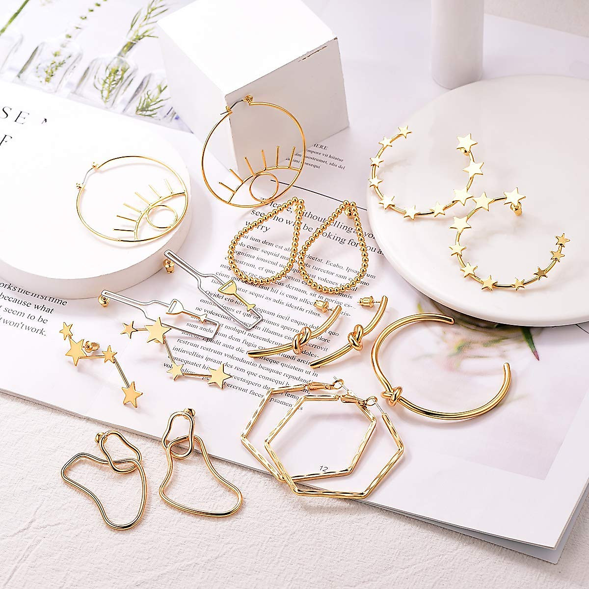 FOCALOOK Gold Eye Earrings for Women 18K Gold Plated Dangle Abstract Evil Eye Hoop Earrings