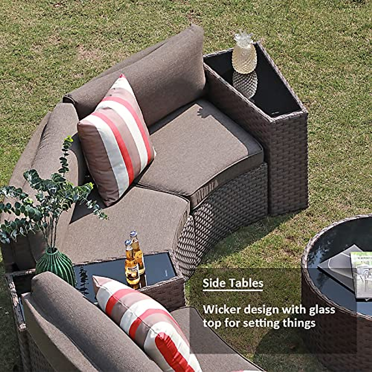 SUNSITT Patio Furniture Set 13-Piece Round Sectional Sofa Patio Furniture Wicker Sofa with 4 Side Tables and 4 Pillows for Patio, Yard, Garden or Backyard (Grey Brown)