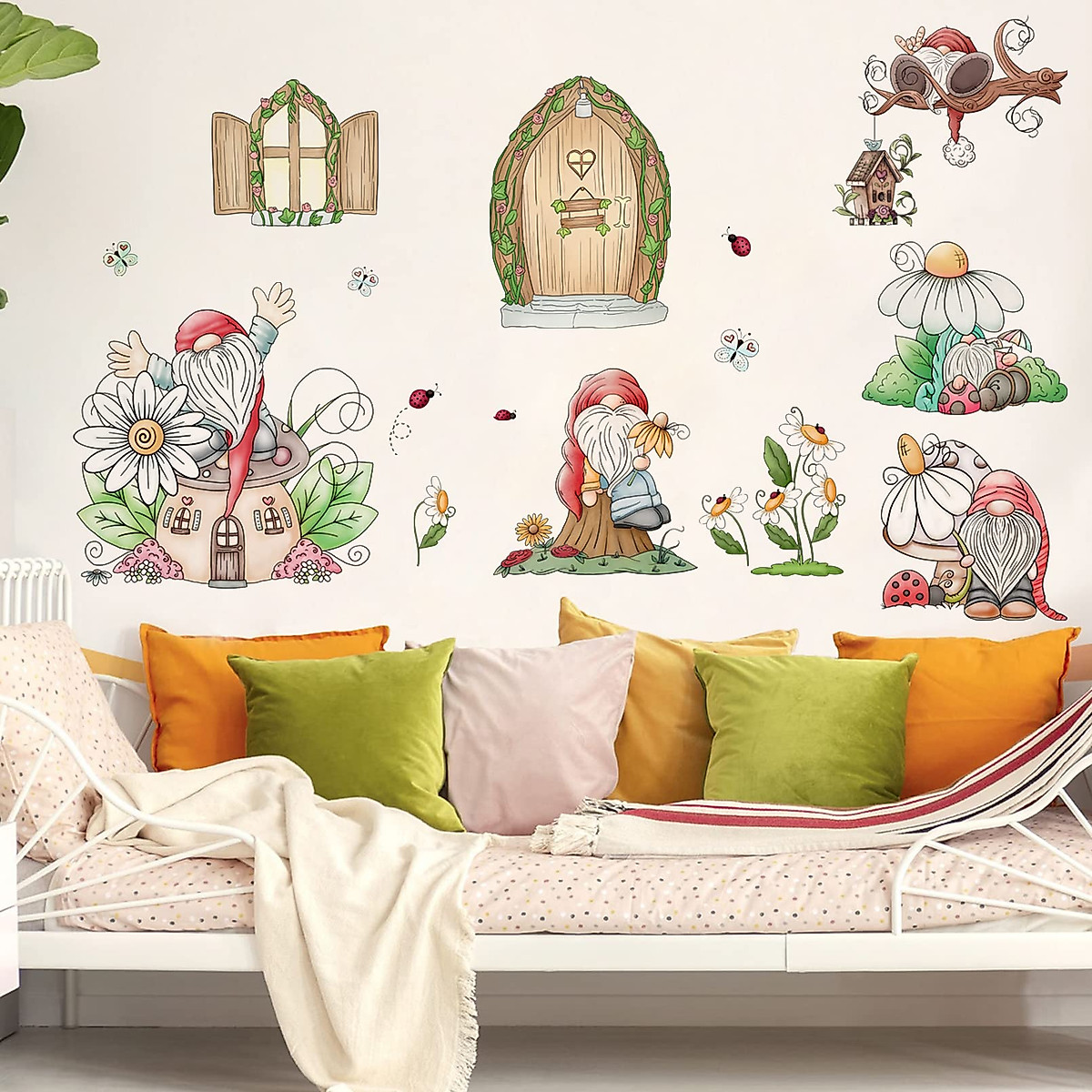 Mfault Spring Summer Garden Gnomes Daisy Flower Wall Decal Sticker, Farmhouse Mushroom Bird Nursery Decoration Kids Bedroom Living Room Art, Neutral Ladybug Butterfly Tree Branch Home Kitchen Decor