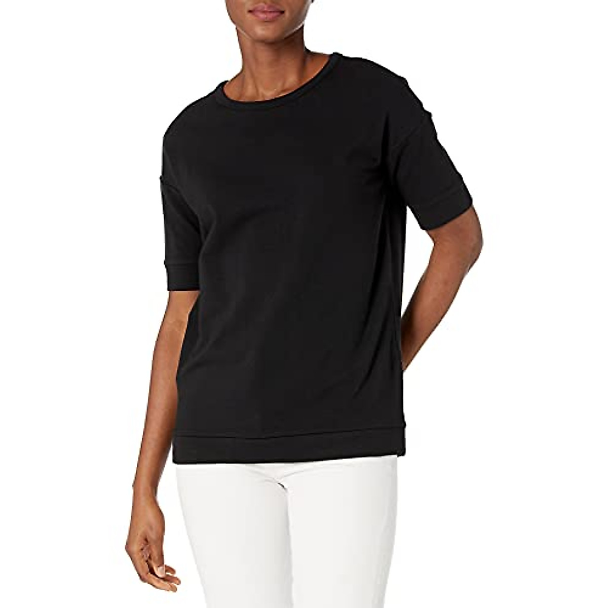 Daily Ritual Women's Terry Cotton and Modal Slouchy Short-Sleeve Sweatshirt, Black, Small