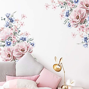 Floral Peonies Wall Stickers, Pink Blue Peony Rose Bouquet Flowers Removable Peel and Stick Wall Decal, DIY Art Vintage Blossom Flowers Wallpaper for Wedding Living Room Girls Room