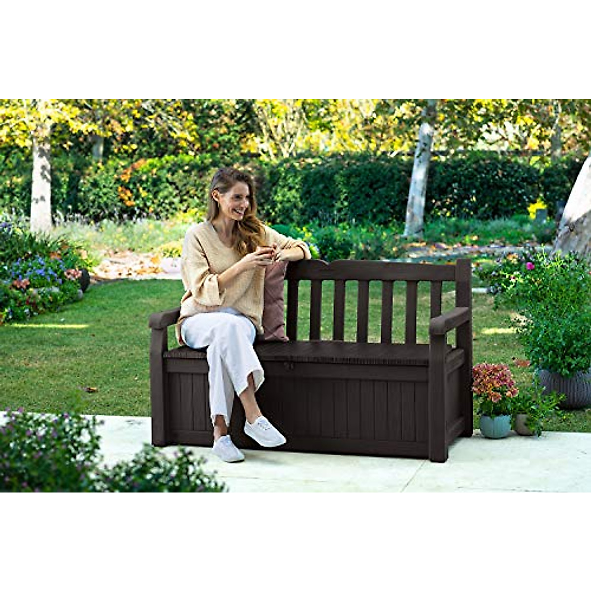 Keter Solana 70 Gallon Storage Bench Deck Box for Patio Furniture, Front Porch Decor and Outdoor Seating – Perfect to Store Garden Tools and Pool Toys, Brown