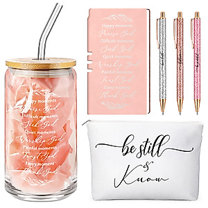 Spakon 6 Pcs Christian Gifts for Women Bible Verse A6 Leather Journal Notebook 16 oz Glass Cup Glitter Ballpoint Pen Makeup Bag Inspirational Gifts Sunday School Teacher Appreciation Day(Rose Gold)