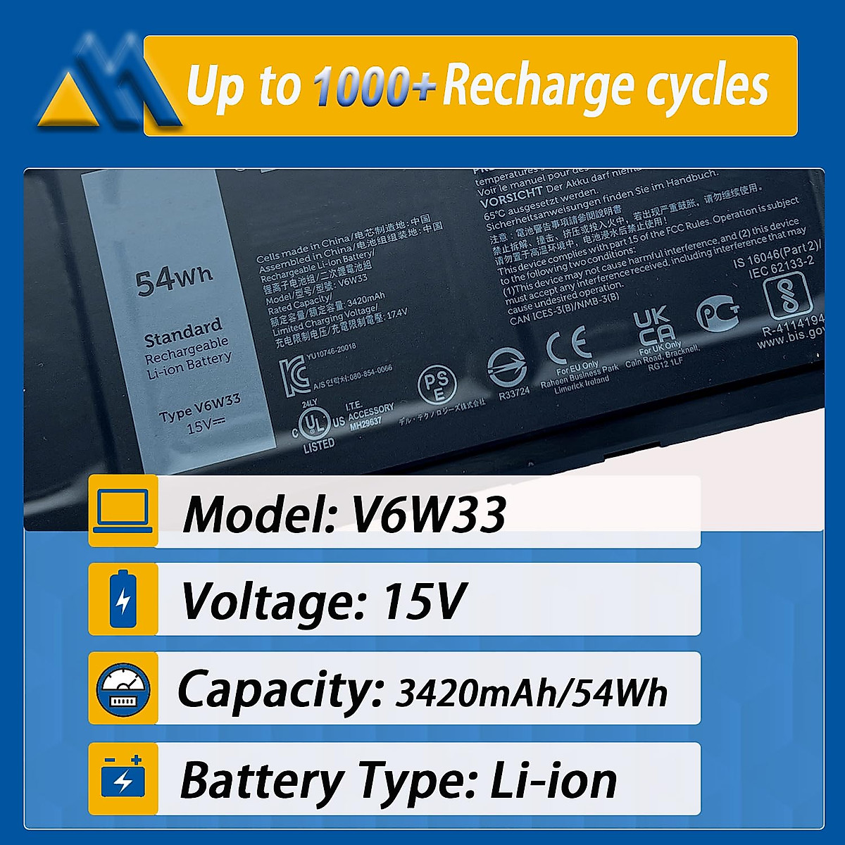 Mobik V6W33 4-Cell 54Wh Laptop Battery Replacement for Dell Inspiron 3511 3510 3520 3515 5310 5410 5418 5510 5515 5518 5625 5630 5635 Latitude 3320 3420 3520 Vostro 3515 3525 5620 Series TN70C G91J0