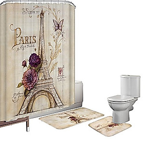 Amagical 3 Piece Vintage Paris Brown Eiffel Tower Bathroom Shower Curtain Set Bathroom Mat Set Purple Flower Butterfly Bath Mat Contour Mat and Shower Curtain with 12 Hooks