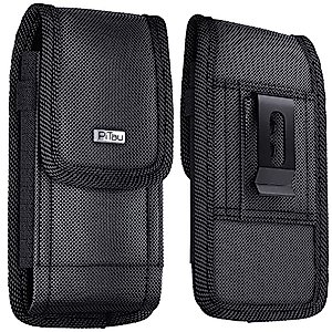 PiTau Holster for iPhone 14, 14 Pro, 13, 13 Pro, 12 Pro, 12, X, XR, Xs, 11 Pro Nylon Cell Phone Belt Holder Case with Belt Clip Loop Pouch Cover (Fits Phone with Otterbox Commuter Case) Black Large