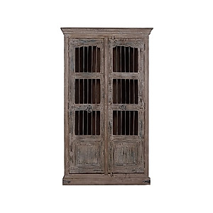 Handmade Farmhouse Style Armoire with Iron Grill 81 Inch Tall Display | Vintage Handcarved White Curio Cabinet | Rustic Distressed Off White Cabinet | Solid Wood Storage Armoire