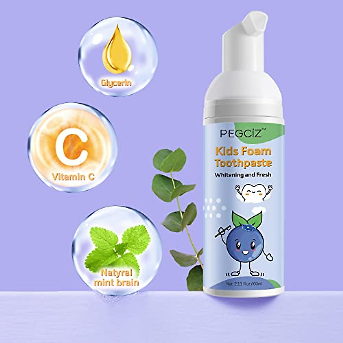 Foam Toothpaste Kids, Children Whitening Toothpaste with Low Fluoride & Natural Formula to Reduce Plaque, Toddler Foaming Toothpaste for U Shaped Toothbrush for Kids Ages 3 and Up (Blueberry)