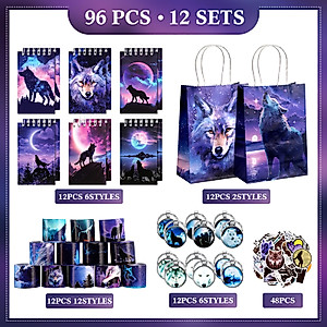Abbylike 48 Pcs Wolf Party Favors Wolf Party Decor Wolf Birthday Party Supply Wolf Paper Bag Gift Wolf Mini Notebook Wolf Keychain Wolf Slap Bracelet Wolf Sticker for Wolf Party Baby Shower Holiday