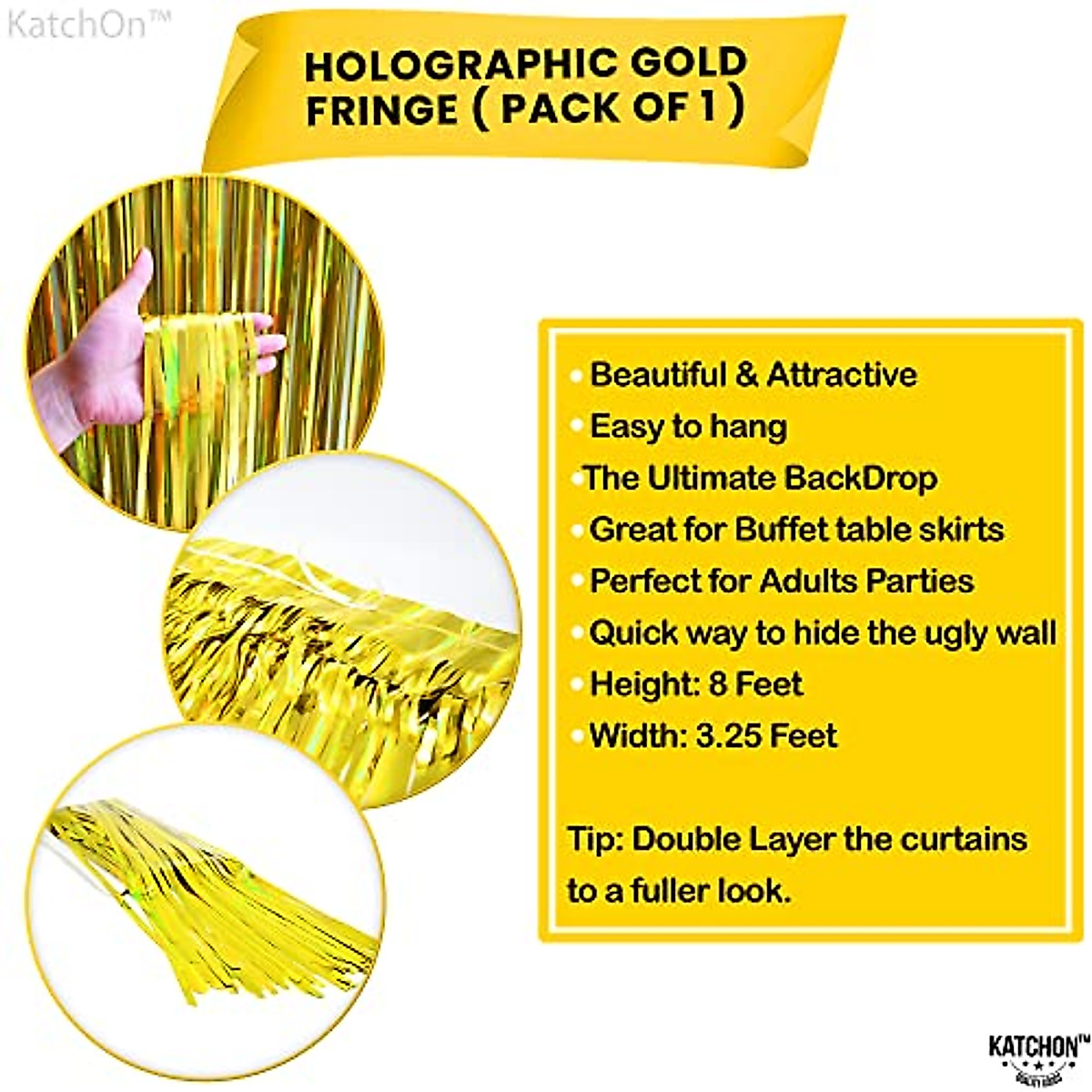 KatchOn, Holographic Gold Fringe Curtain Backdrop - XtraLarge, 3.25x8 Feet | Shiny Gold Backdrop Curtains for Parties | Gold Streamers Backdrop, Gold Foil Curtain for Gold Streamers Party Decorations