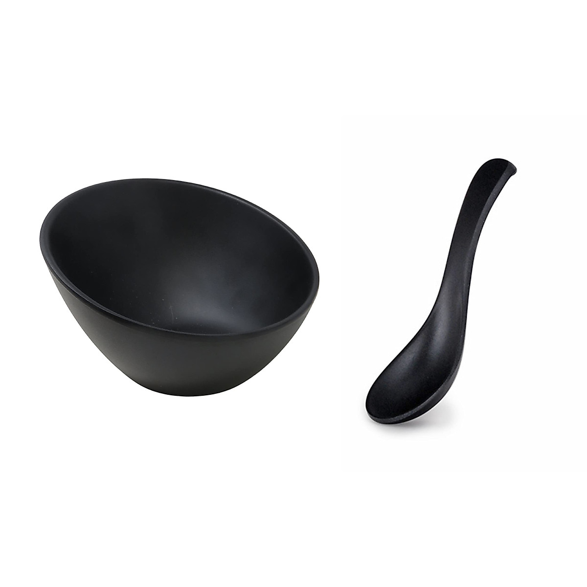 Needzo Melamine Soup Spoon and Pho Large Bowl for Salad Rice or Desserts, Black Durable Kitchen Dish, Dishwasher Safe Utensils