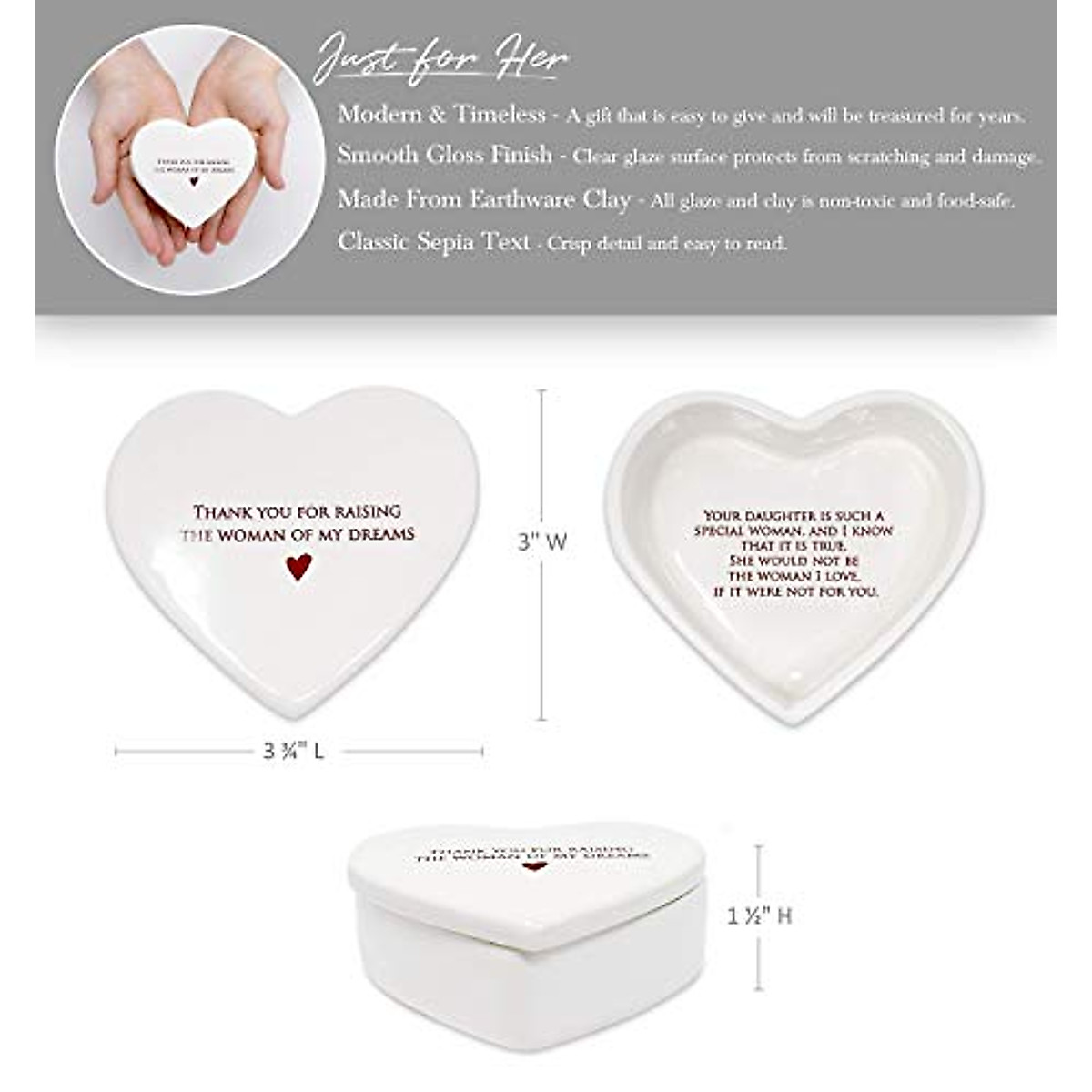 Susabella - Mother of the Bride Gift from Groom, Mom Wedding Gift or Mother's Day Gift from Son In-Law - Thank You for Raising the Woman of My Dreams - Ceramic Keepsake Heart Box