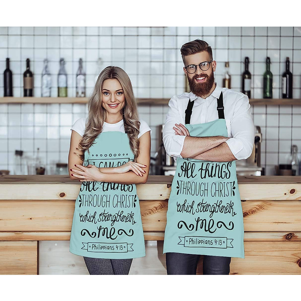 EKOBLA Bible Verse Aprons With I Can Do All Things Through Christ Christian Lettering Quote Waterproof Resistant Chef Cooking Kitchen BBQ Adjustable Aprons for Women Men 27x31 Inch