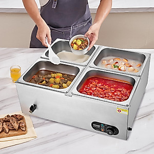 VEVOR 110V 4-Pan Commercial Food Warmer, 1200W Electric Steam Table 15cm/6inch Deep, Professional Stainless Steel Buffet Bain Marie 48 Quart for Catering and Restaurants