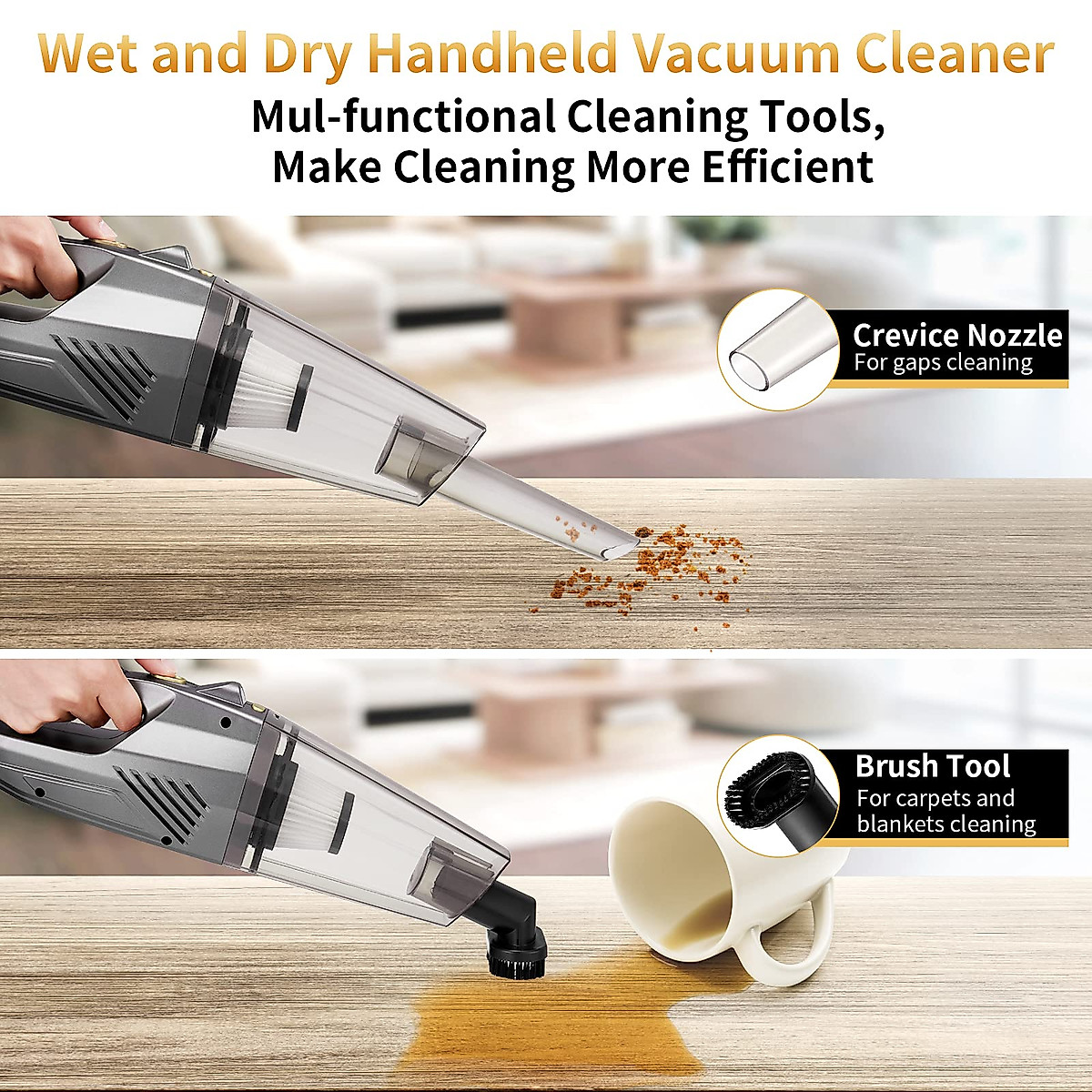 KOHUIJOO Cordless Handheld Vacuum Cleaner, Car Vacuum Cleaner Cordless, Dust Busters Cordless Rechargeable Small Portable Cordless USB Handheld Vacuum for Home and Car Cleaning with LED Light Gray