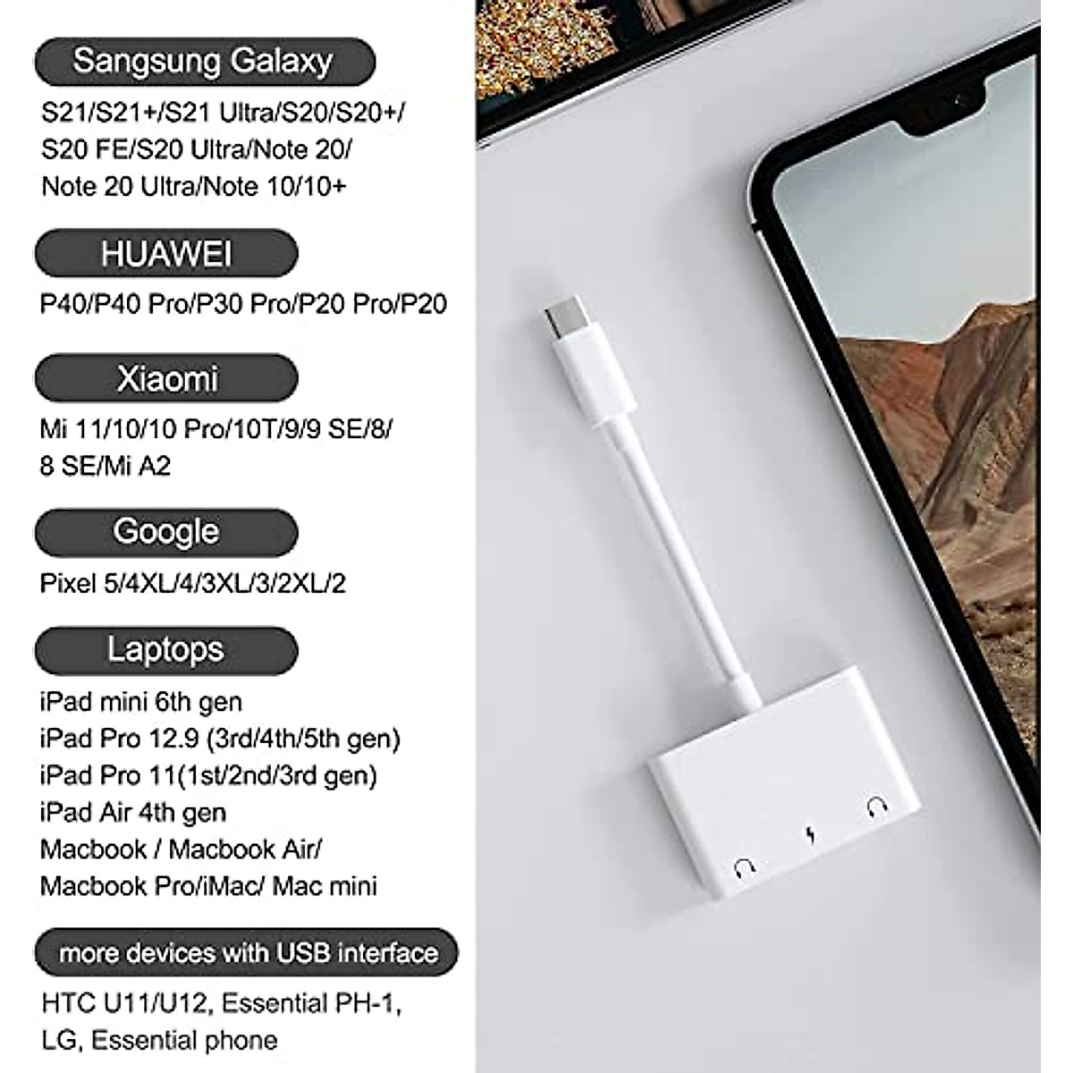 Headphone Splitter for iPad, Dual Headphone Adapter for iPad,USB-C Headphone Splitter with 60W Fast Charging for iPad Pro, Samsung Galaxy, Pixel, HTC, Huawei.
