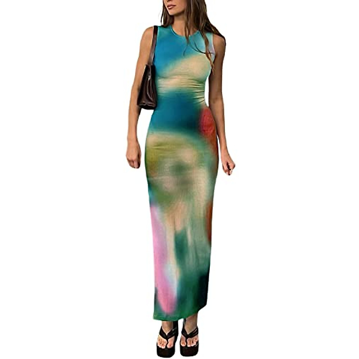Argeousgor Women Y2k Tie Dye Tank Dress Sleeveless Bodycon Long Dresses Printed Slim Fit Short Dress Trendy Summer Sundress