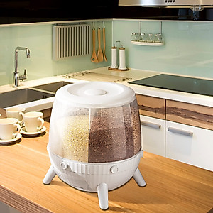 Gdrasuya10 6KG Rice Dispenser Container Dry Food Dispenser, Rotating Rice Storage Container Round Grain Storage Bucket 6 Grids