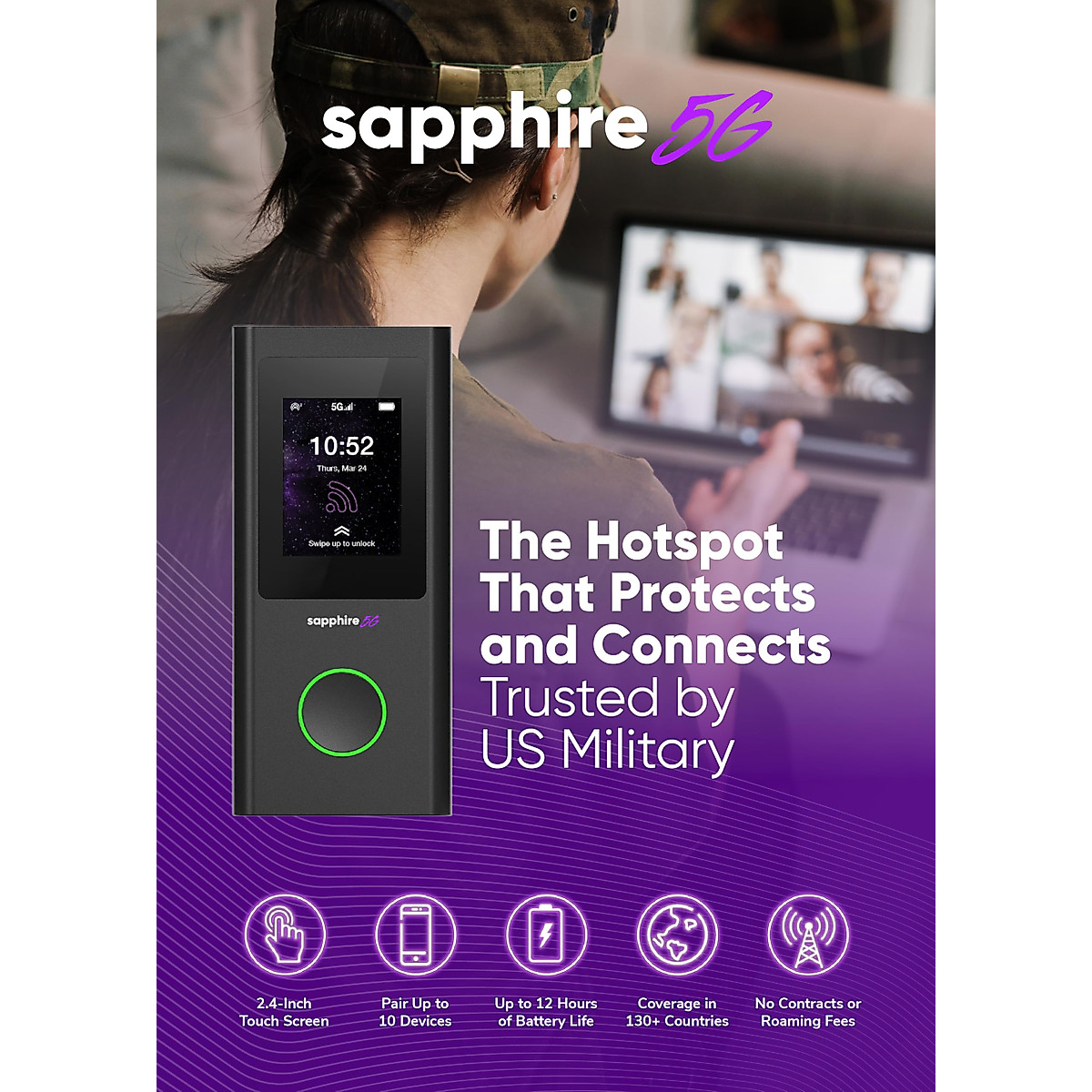 TravelWifi Sapphire 5G Mobile Hotspot, Portable WiFi Hotspot for Travel, CloudSIM Technology, Large Touch Screen, Network Congestion Monitoring, Preloaded 5GB Free Global Data, Optional Sim Card Slot