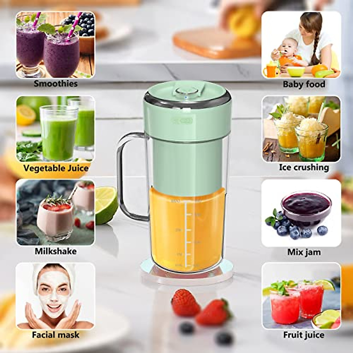 PKBD Portable Blender, Juicer with 15-Second Ice-Crushing Power, 8 Blades, Blender for Shakes and Smoothies,12 oz Easy-to-Clean Personal Blender with Charger, Straw, Cleaning Brush, Green