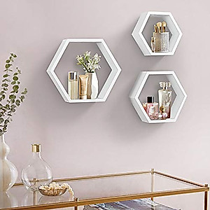 AHDECOR Wall Mounted Hexagon Floating Shelves, Wooden Wall Organizer Hanging Shelf for Home Decor, Set of 3, White