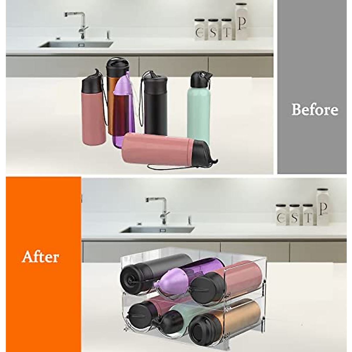 Geelyda Water Bottle Storage Organizer, 2 Pack 6 Water Bottle Holder for Cabinet - Fridge Cabinet Kitchen Organizer for Champagne Wine Water Bottles, Stackable Water Bottle Organizer for Refrigerator