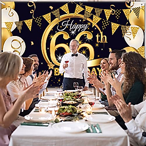 66th Birthday Party Decoration, Extra Large Fabric Black Gold Sign Poster for 66th Anniversary Photo Booth Backdrop Background Banner, 66th Birthday Party Supplies, 72.8 x 43.3 Inch