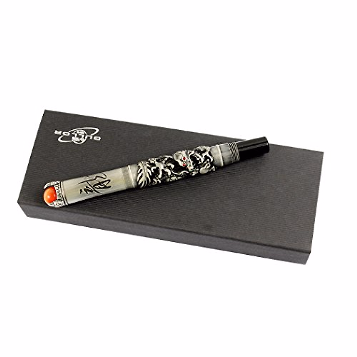 Gullor JinHao Antique Silver Dragon Style 3D Carved Fountain Pen With Red Pearl, Medium Nib, Black