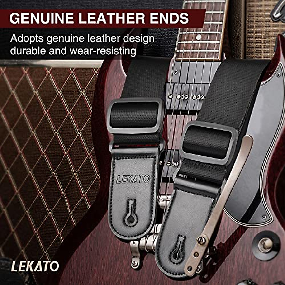 LEKATO Guitar Strap, Bass Straps for Electric Guitar with 3.3" Wide Sponge Pad for Effective Decompression Padded Bass Guitar Straps Adjustable Length from 42" to 58" with 2 Safety Locks & 6 Picks