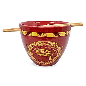 Boom Trendz Year Of The Snake Chinese Zodiac Ceramic Dinnerware Set Includes 16-Ounce Ramen Noodle Bowl Wooden Chopsticks Asian Food Dish Set Home & Kitchen Kawaii Lunar New Year Gifts, Red, One Size