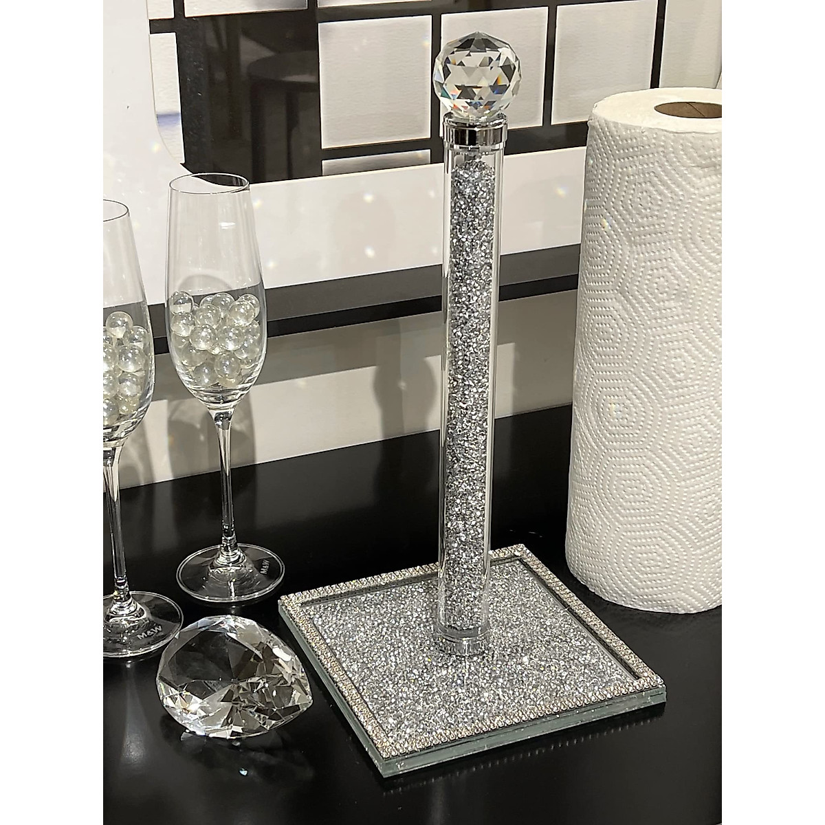 Bling Crystal Paper Towel Holder Roll Holder, Cute and Filled with Sparkly Crushed Diamonds, Stunning Silver, Mirrored Glass, Kitchen Countertop / Bathroom Tissue Holder, 13in x 6.3in