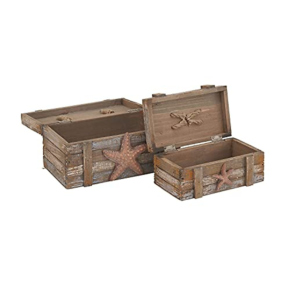 Deco 79 Wood Starfish Handmade Distressed Box with Knotted Rope Details, Set of 2 10", 7"W, Brown