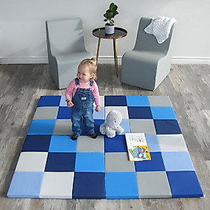 FDP Softscape Space Saver 4-Section Folding Activity Mat for Infants and Toddlers, Tummy Time for Babies, Soft Foam Colorful Play - Navy/Powder Blue