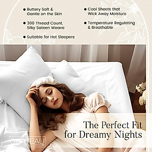 100% Organic Cotton Queen Sheet Set & Standard Pillowcases Set of 2 Combo - 300 Thread Count Long Staple Cotton Sheets,3 Pc Queen Size Sheets & Standard Pillowcases, Sateen Sheets, Breathable - White