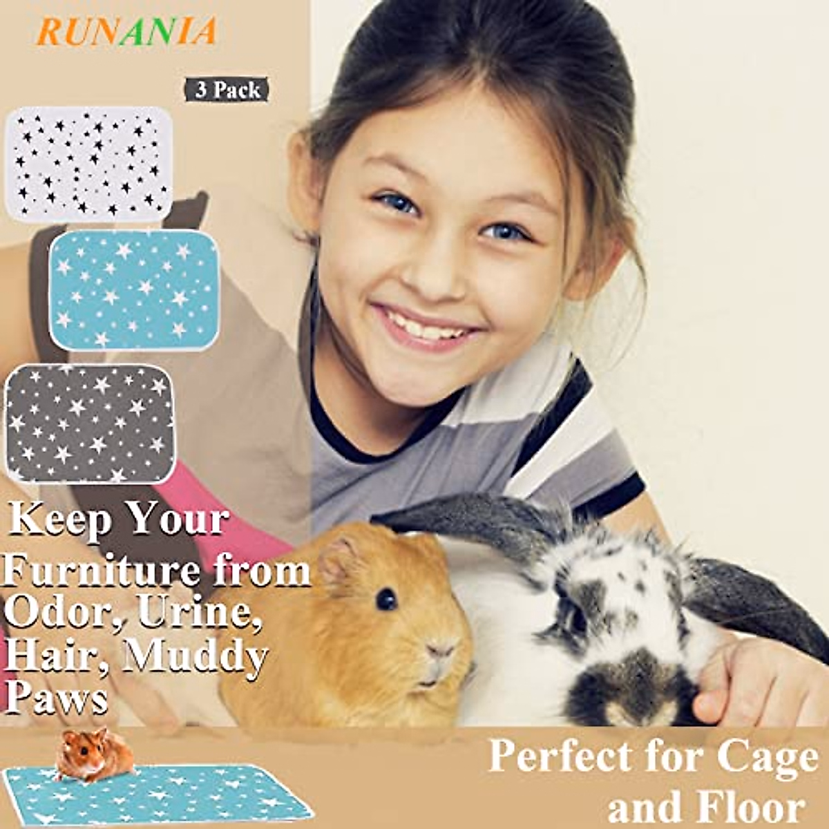RUNANIA Guinea Pig Cage Liners, 3 Pack Washable & Reusable Guinea Pig Pee Pads for Rabbits Rats Hamsters Hedgehogs Small Animals