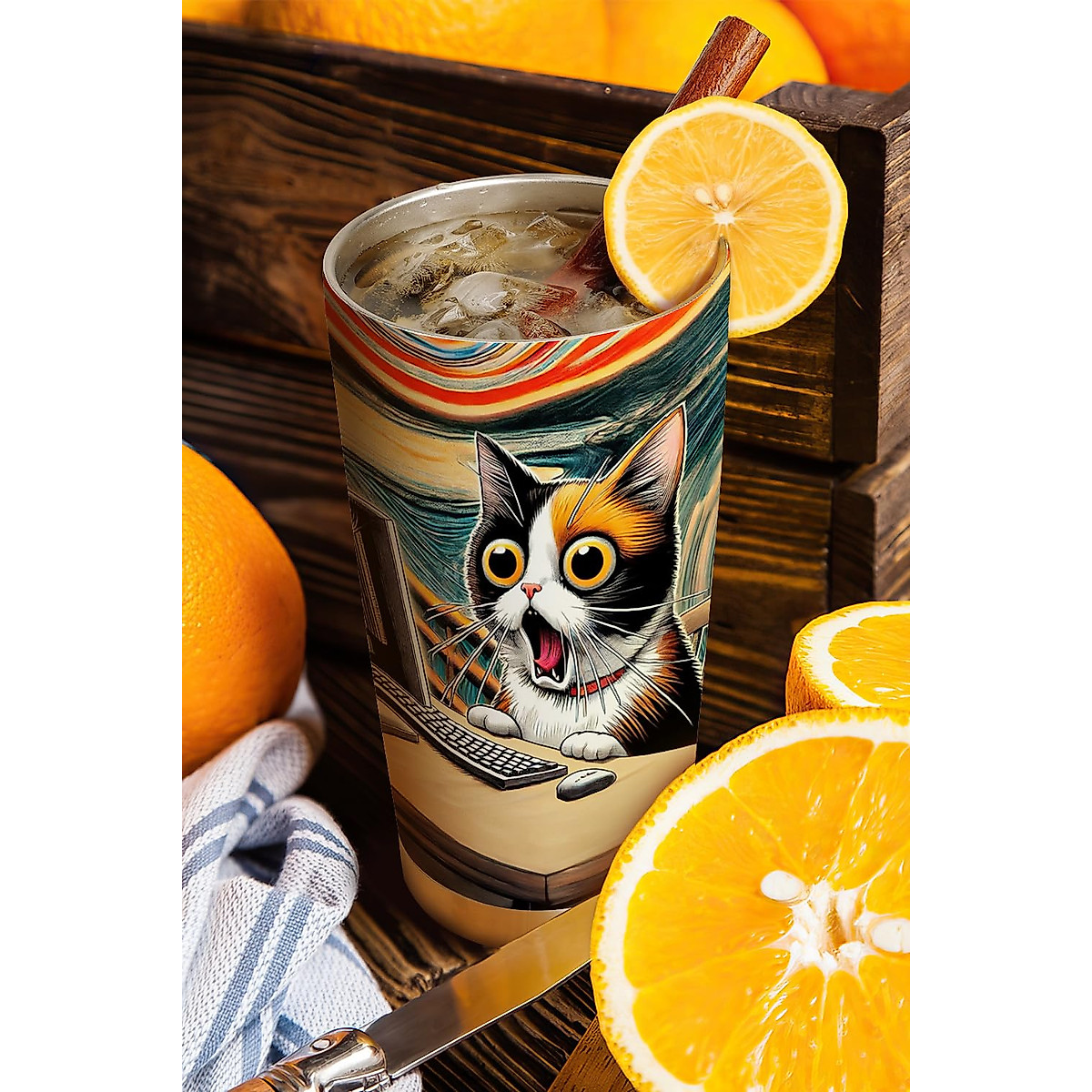 ORCAE 20oz Funny The Deadline Scream Tumbler, Gifts for Friends, Colleagues, Cat Gifts for Cat Lovers, Screaming Cat Tumbler Cup, Stainless Steel Coffee Thermos Insulated Travel Mug with Lid - BR