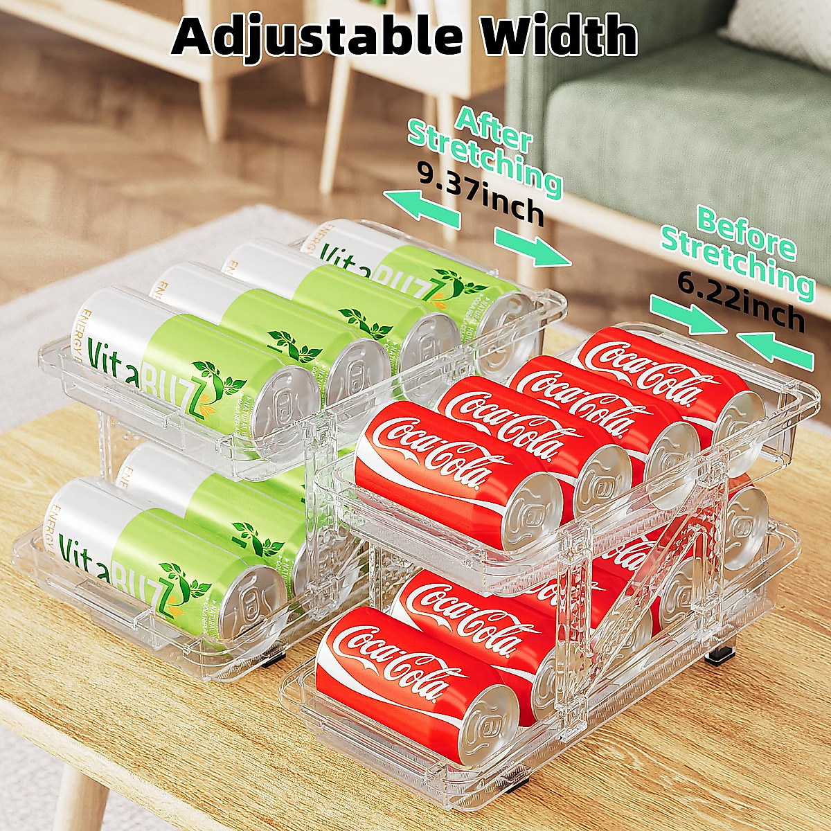 Skycarper Automatic Glide Adjustable Drink Organizer, Clear Soda Can Dispenser Organizer for Pantry Refrigerator, Set of 2
