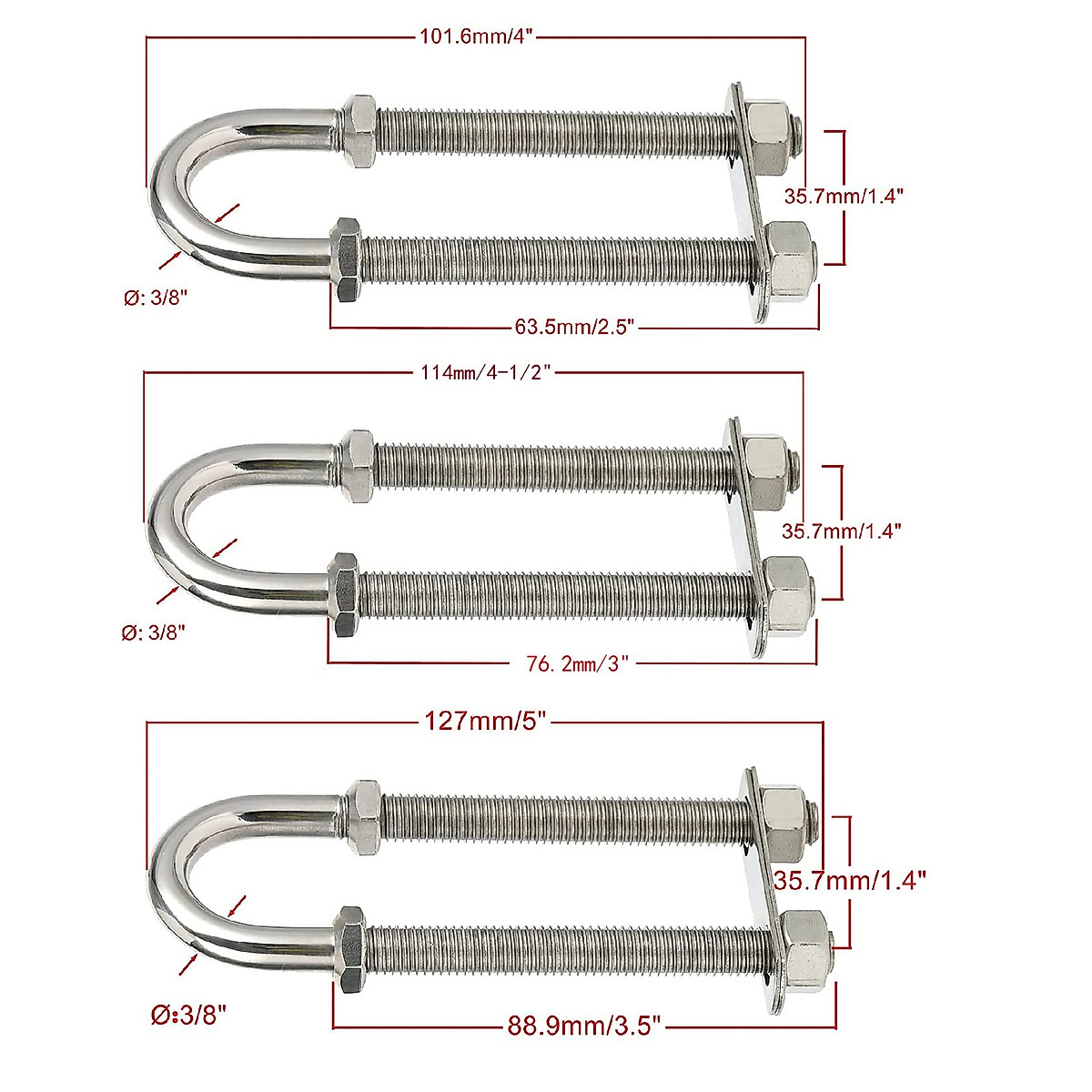 YaeMarine 2-Pack 3/8" Dia Stainless Steel Marine Boat Stern Bow Eye Tie Down U Bolt Thread Length 2-1/2", 3", 3-1/2" Option (3/8" Dia x 3-1/2" Thread Length, 5" Overall Length)