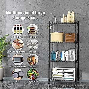 JEROAL 4 Tier Wire Shelving Unit, Adjustable Height Storage Shelf Display Rack with 4 S-Shaped Hooks, 21.25" D×11.4" W×46.45" H Standing Heavy Duty Metal Shelving for Laundry Bathroom Kitchen