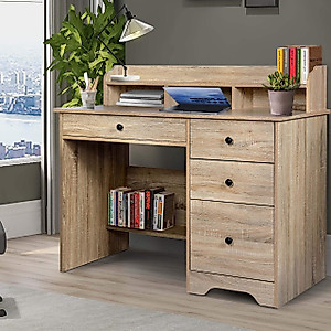 ENSTVER Computer Desk with Hutch and Drawers,Work Station,Student Writing Study Table for Home Office or Den (Light Oak)